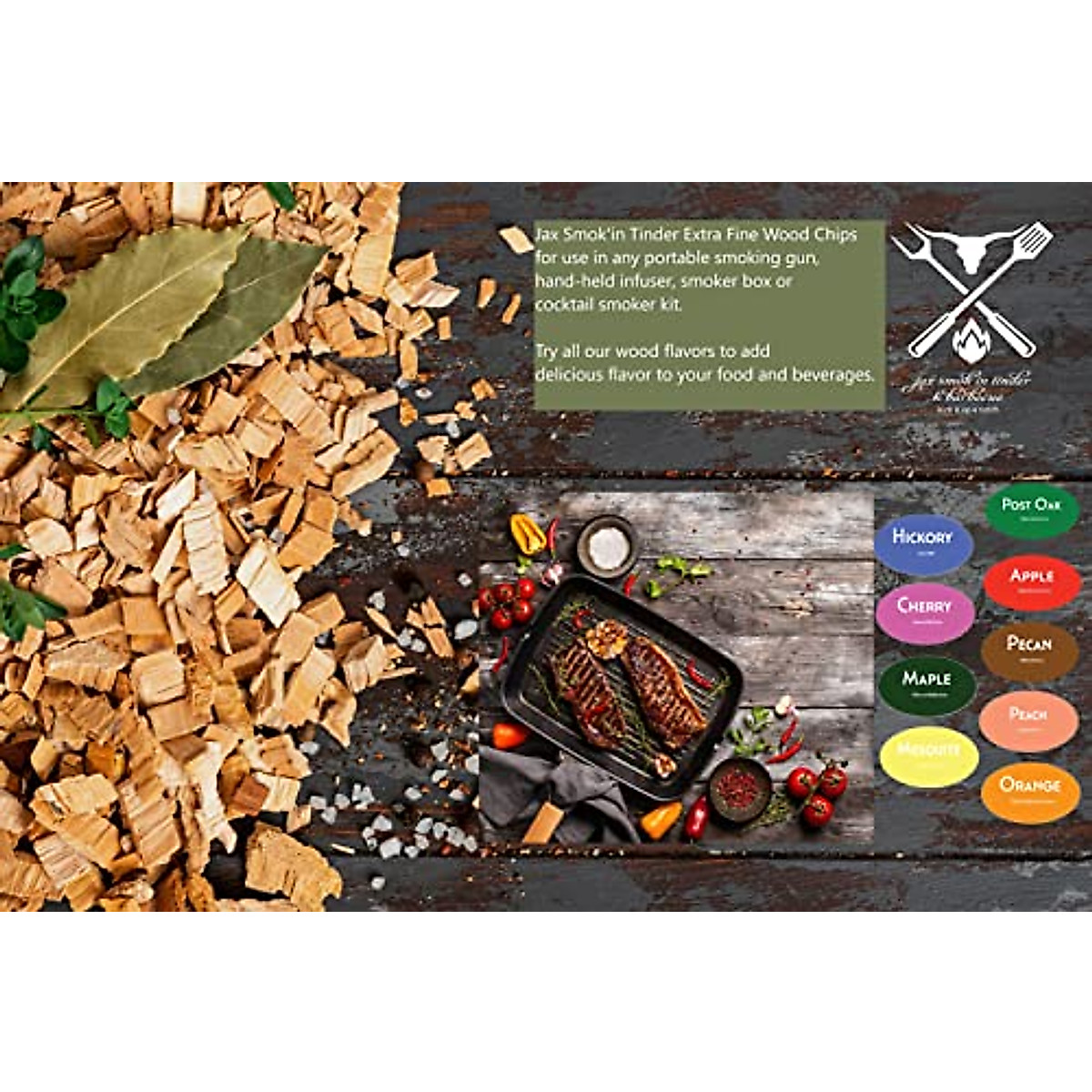 Jax Smok'in Tinder Premium BBQ Wood Chips for Smoking and Grilling Variety Pack, 4 of Our Most Popular Medium Sized Wood Chip Packs 2.90 Liter Bags (1 lb each) USA (Apple, Pecan, Hickory, Mesquite)