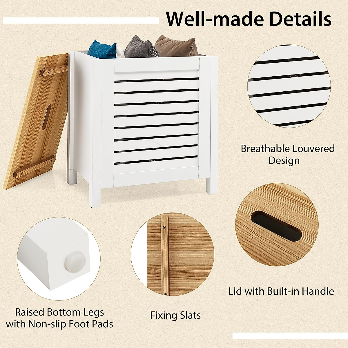 Giantex 12 Gallon Laundry Hamper, Wooden Dirty Clothes Hamper with Removable Lid, Louver Design Clothing Storage Organizer, Laundry Basket for Laundry Room, Bedroom, Bathroom, Easy Assembly, White