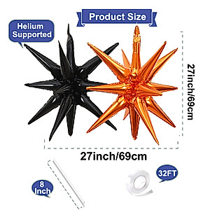6 Pieces 27 Inches Black Orange Explosion Balloons, Large 14-Pointed One-Piece Cone Stars Fireworks Aluminum Foil Balloons for Halloween Birthday Graduation Backdrop Party Decorations
