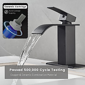 Bathroom Faucet Single Handle, 1 or 3 Hole Faucet Black Modern Bathroom Faucet, Waterfall Spout Faucet for Bathroom Sink, Single Handle Vanity Sink, Rv Lavatory Washbasin Faucet with Deck Plate & Hose