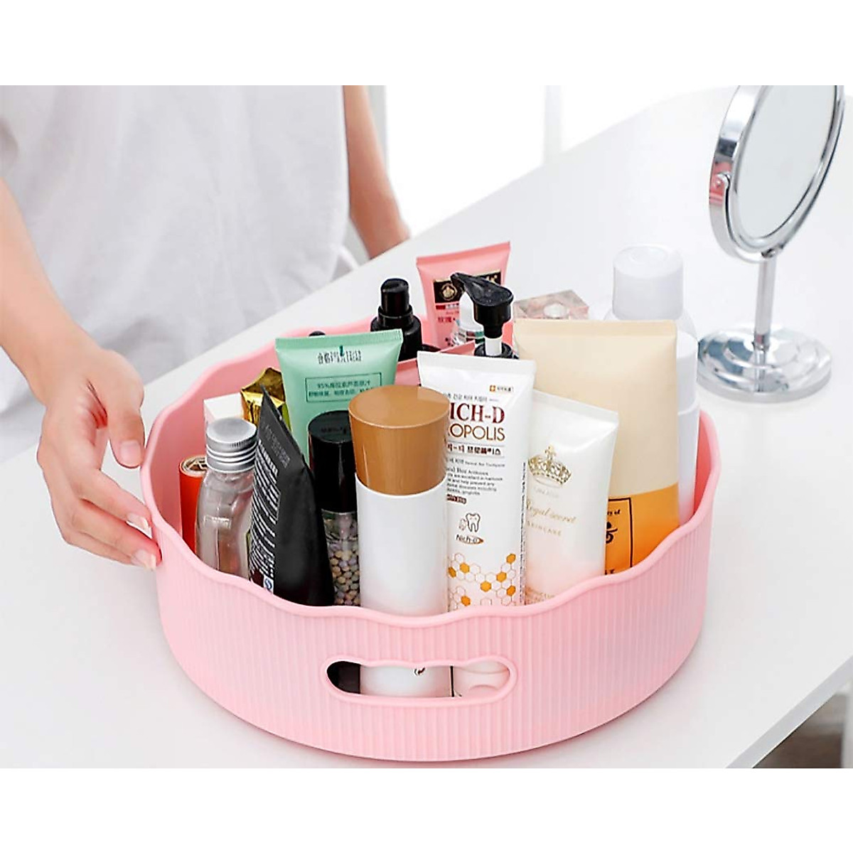 Goeielewe Lazy Susan Organizer Plastic Turntable Round Rotating Storage Organizer Tray with Handle for Kitchen Cabinets, Pantry, Countertops, Bathroom Vanity (Pink, Small: 9.5-Inch)