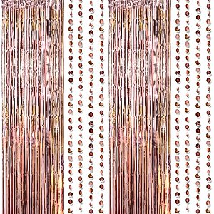 Rose Gold Party Decoration Foil Tinsel Fringe Curtain backdrop with Hanging Circle Garland for Birthday Party Wedding Engagement Background Bridal Baby Shower Birthday Sweet 16 Party Supplies