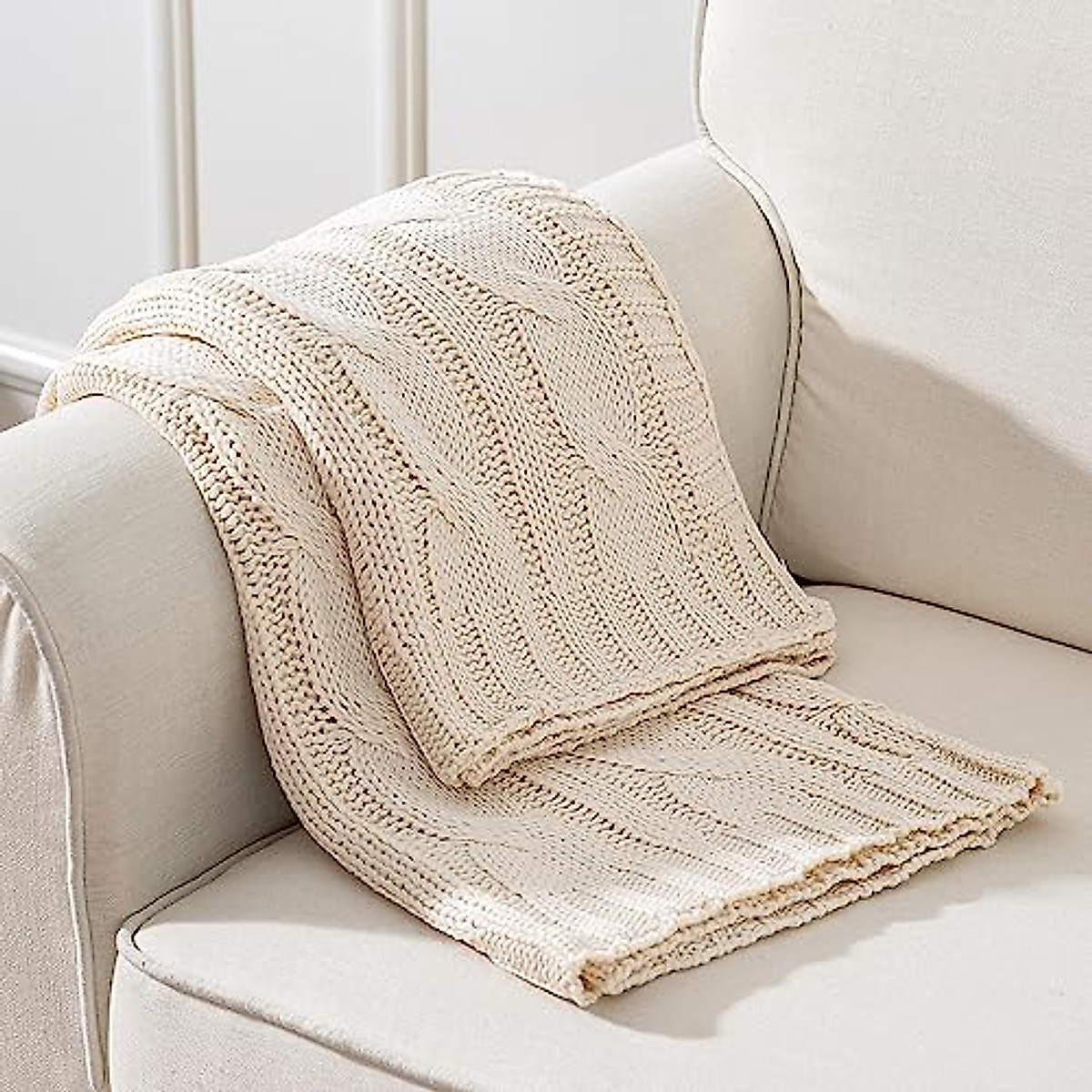 Battilo Cream Ivory Cable Knit Throw Blankets for Couch, Super Soft Warm Cozy Decorative Knitted Throw Blanket for Bed, Sofa, Chair 50"x60"