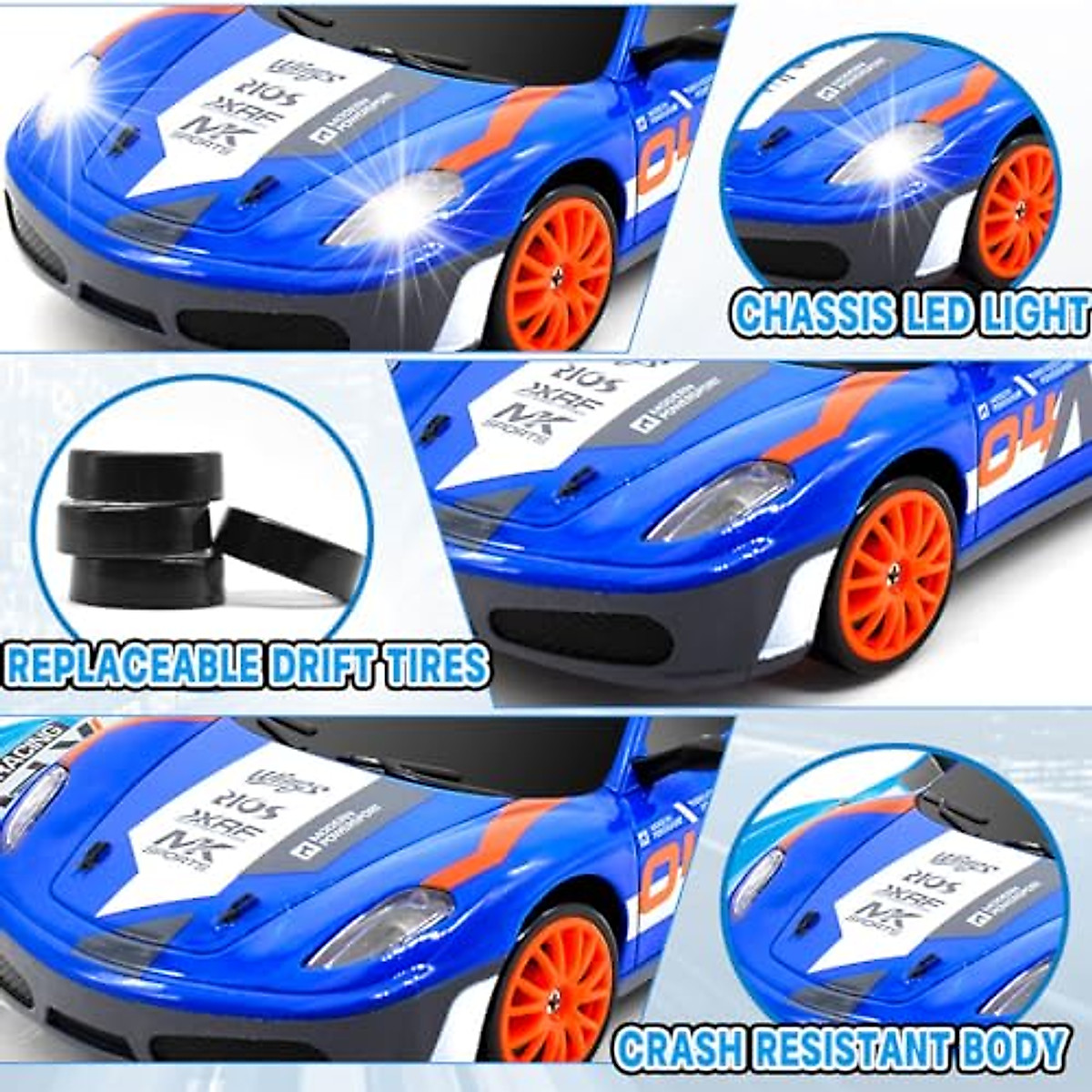 AGNEVE RC Drift Car 1:24 Scale RC Car with LED Lights Glow and Drifting Tires 2.4GHz Remote Control Car 4WD 14KM/h High-Speed RC Cars with 2 Rechargeable Batteries Boys Girls