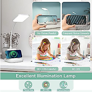 GOLSPARK Desk Lamp with Wireless Charger, Eye-Caring LED Desk Lamps for Home Office, Touch White Small Desk Light Dimming 3 Colors, 800LM, Gooseneck Study Lamp with Pen Holder for College Dorm Room