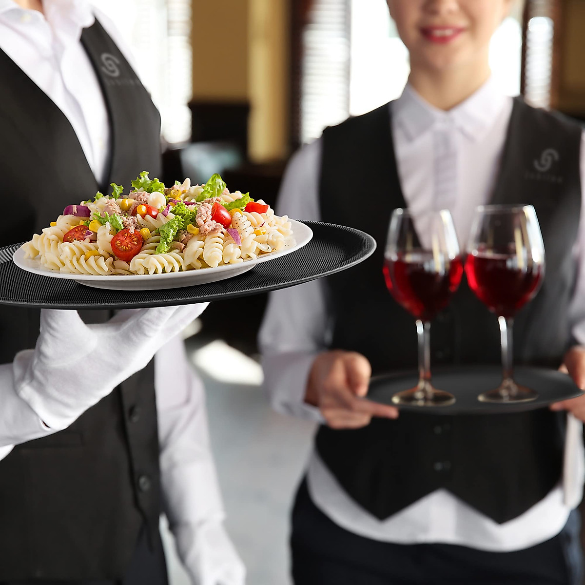 Jubilee (Set of 4) 11" Round Restaurant Serving Trays, Black - NSF Certified Non-Slip Food Service Tray