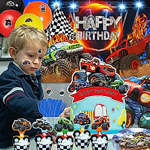 239Pcs Truck Game Themed Birthday Party Supplies, Cartoon Truck Birthday Party Decorations for Kids Boys Girls with Happy Birthday Banner Balloons Tableware Backdrop Cake Cupcake Toppers Tableware Tablecloth