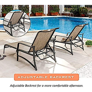 LOKATSE HOME Outdoor Patio Adjustable Metal Chaise Lounge Chair Recliner Set of 2 with 1 Glass Top Bistro Table, Grey