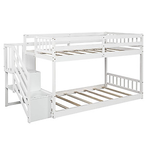 SOFTSEA Twin Over Twin Low Bunk Bed with Stairs Solid Wood Floor Bunk Beds for Boys and Girls Floor Bunk Bed No Box Spring Required (White)