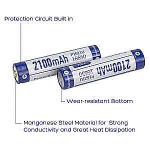 Keeppower Protected 16650 Li-ion Battery P1621U USB Rechargeable 3.6V 2100mAh 7.56Wh Flashlight Battery Included with a 2-in-1 Charging Cable (2 Pack)