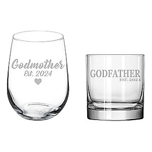 MIP Set of 2 Glasses Stemless WINE & ROCKS Whiskey Gift Godmother Est 2024 And Godfather Est 2024