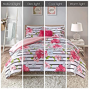 Comfort Spaces Zoe Comforter Set Printed Striped Floral Design with Faux Long Fur Decorative Pillow Bedding, Pink, Full/Queen, 4 Piece