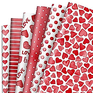 Whaline 12 Sheet Valentine's Day Wrapping Paper 6 Design Watercolor Love Heart Dots Wrapping Paper Red White Patterned Art Paper for Wedding Anniversary Baby Shower Birthday Gift Packing, 20 x 28 In