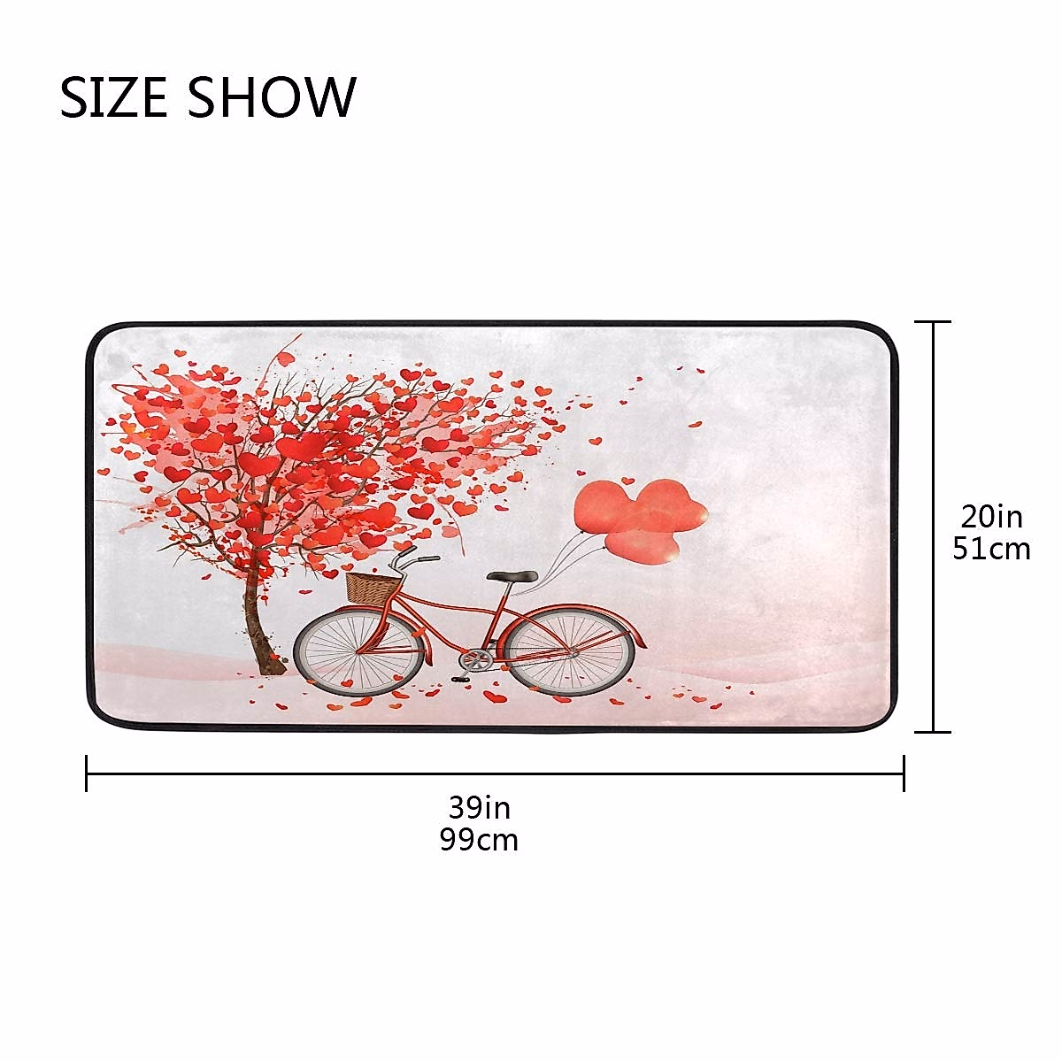 Kitchen Rugs Red Love Heart Bicycle Valentine's Day Design Non-Slip Soft Kitchen Mats Bath Rug Runner Doormats Carpet for Home Decor, 39" X 20"