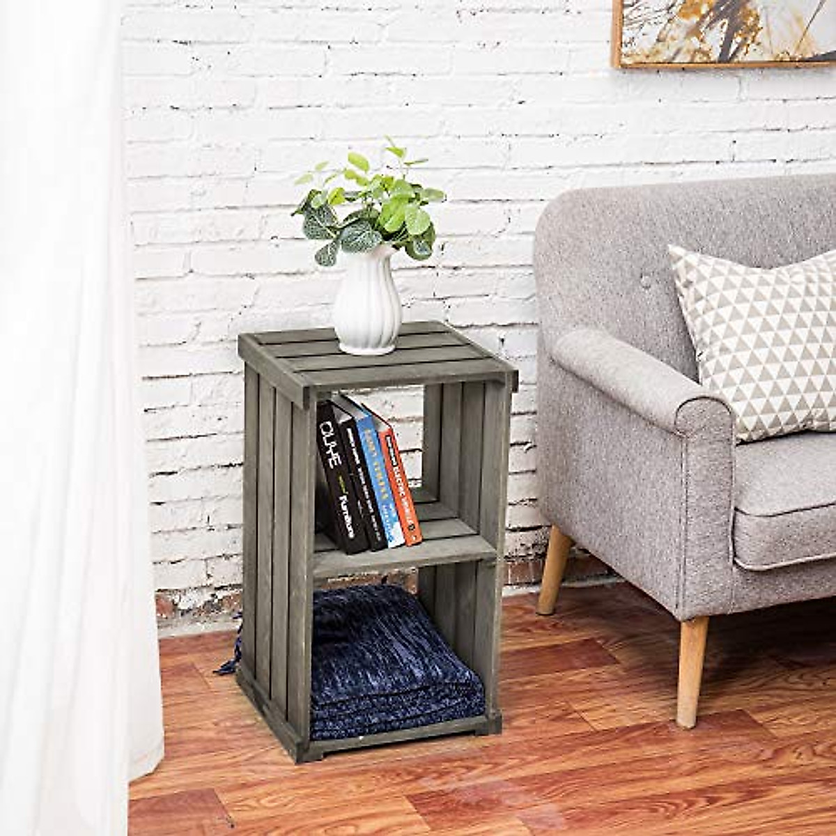 MyGift Dark Gray Solid Wood Small End Table Side Table, 2 Tier Crate Design Nightstand Storage Display Shelf Organizer Accent Furniture
