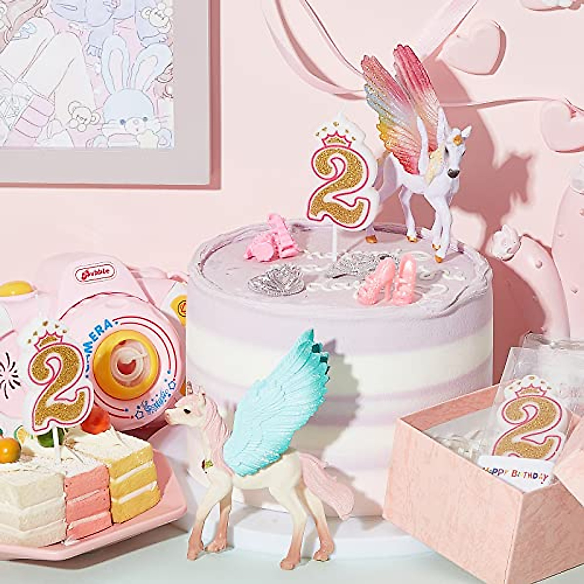 Happy Birthday Number Candle Pink Glitter Candle Crown Cute Cake Candle for Anniversary Wedding Party Cake Topper Decoration, 4.1 x 1.4 Inches (Number 2 Style)