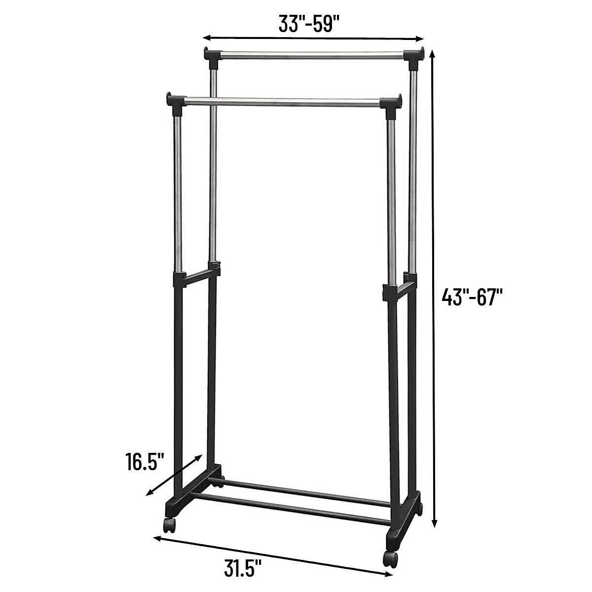 WOHLLEBEN Expandable Double Rods Clothing Rack Portable Freestanding Clothes Rack on Wheels Clothes Closet with Shoe Shelves Multi-functional Garment Rack, (33"-59")×16.5"×(43"-67")