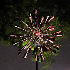 WSgift 79in Large Copper Solar Wind Spinner Multi-Color Seasonal LED Lighting Solar Powered Glass Ball with Kinetic Wind Spinner Dual Direction for Patio Lawn & Garden Decorations
