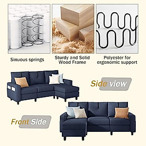 Tornama 80" L Shaped Sectional Sofas 3 Seater Couch with Reversible Ottoman Modern Linen Fabric Small Sectional Couch for Living Room, Apartment, Small Space, Blue