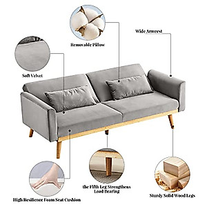 AWQM Velvet Futon Sofa Bed, Memory Foam Couch Set, Upholstered Modern Daybed Convertible Folding Loveseat Recliner with Pillows and Wooden Frame for Compact Living Room, Apartment, Dorm, Office (Grey)