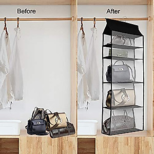 Dearjana Improved Closet Handbag Purse Holder with 5 Large Heavy-Duty Mesh Shelves, Space Saving Hanging Handbag Storage Tote Bag Organizer Holder for Wardrobe Closet(Black)