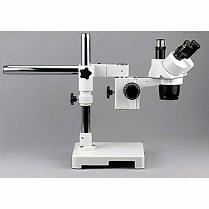 AmScope SW-3T13Y Trinocular Stereo Microscope, WH10x Eyepieces, 5X/15X/30X/45X Magnification, 1X/3X Objective, Single-Arm Boom Stand, Includes 1.5x Barlow Lens