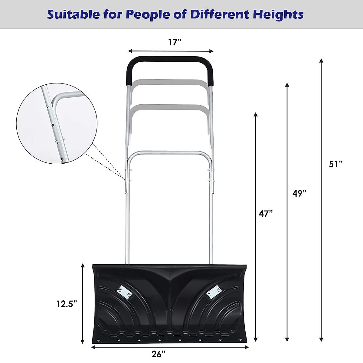 Goplus Rolling Snow Pusher Shovel, Handle Adjustable Snow Removal Tool, Manual Push Plow with 6-Inch Wheels for Driveway Pavement Stoop (Black)