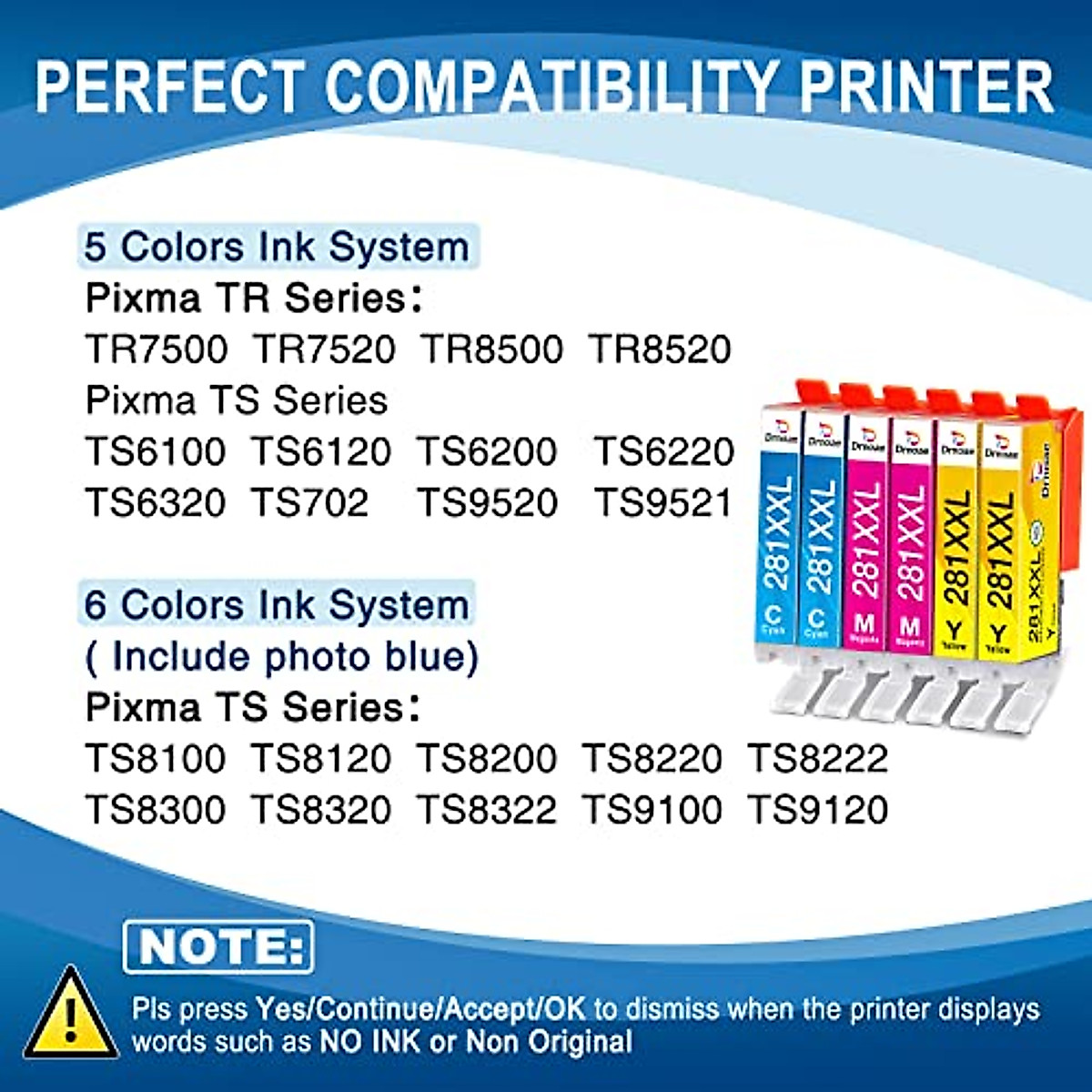 Drnoae 281 Ink Cartridges, Compatible Replacements for Canon 281 281XL 281XXL Ink for Canon Pixma TR8620 TR8520 TR7520 TS8220 TR8500 TS9120 TS6220 TS6120 TS6320 TR7500 TS8300 Ink, 2Y/2M/2C