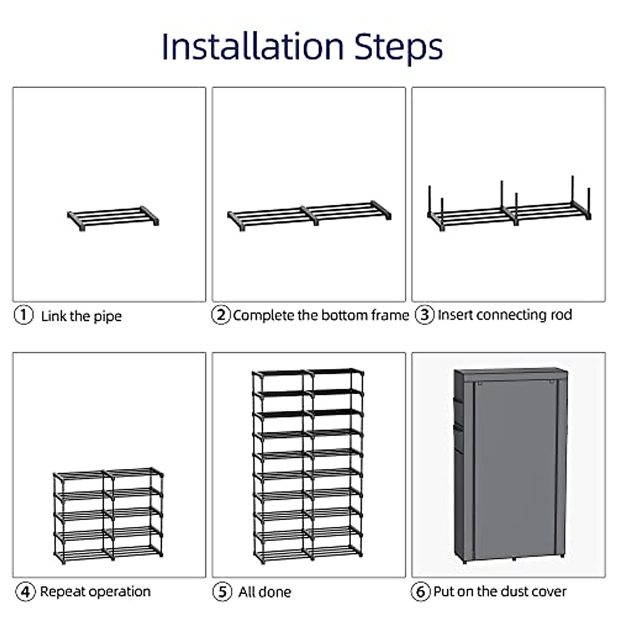 HODYANN Shoe Rack, 9 Tiers Tall Shoe Rack, 36-40 Pairs Shoe Organizer with Nonwoven Fabric Cover, Double Row Black Shoe Rack for Closet (Black Rack with Gray Cover)
