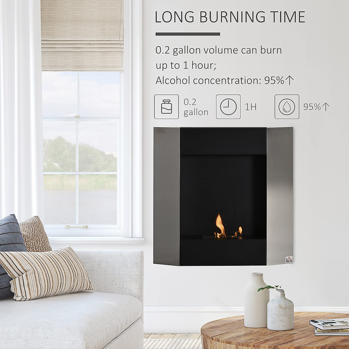 HOMCOM Ethanol Fireplace, 28.25" Wall-Mount 0.2 Gal Stainless Steel 215 Sq. Ft., Burns up to 1 Hour, Silver/Black