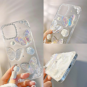 LOLAGIGI for iPhone 13 Pro Max Case Cute Butterfly Flower Pearl 3D Twinkle Glitter Spark Luxury Girly Aesthetic Personalized Design for Women Girls Transparent Epoxy TPU Case, 6.7", Clear