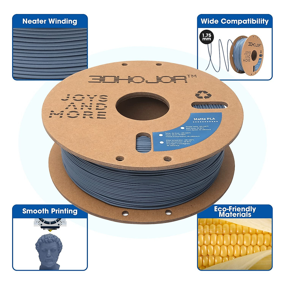 3DHoJor Matte PLA Filament 1.75mm, Upgrade Matte PLA Roll 1kg Cardboard Spool (2.2lbs), Dimensional Accuracy +/- 0.03 mm (Matte Grey)