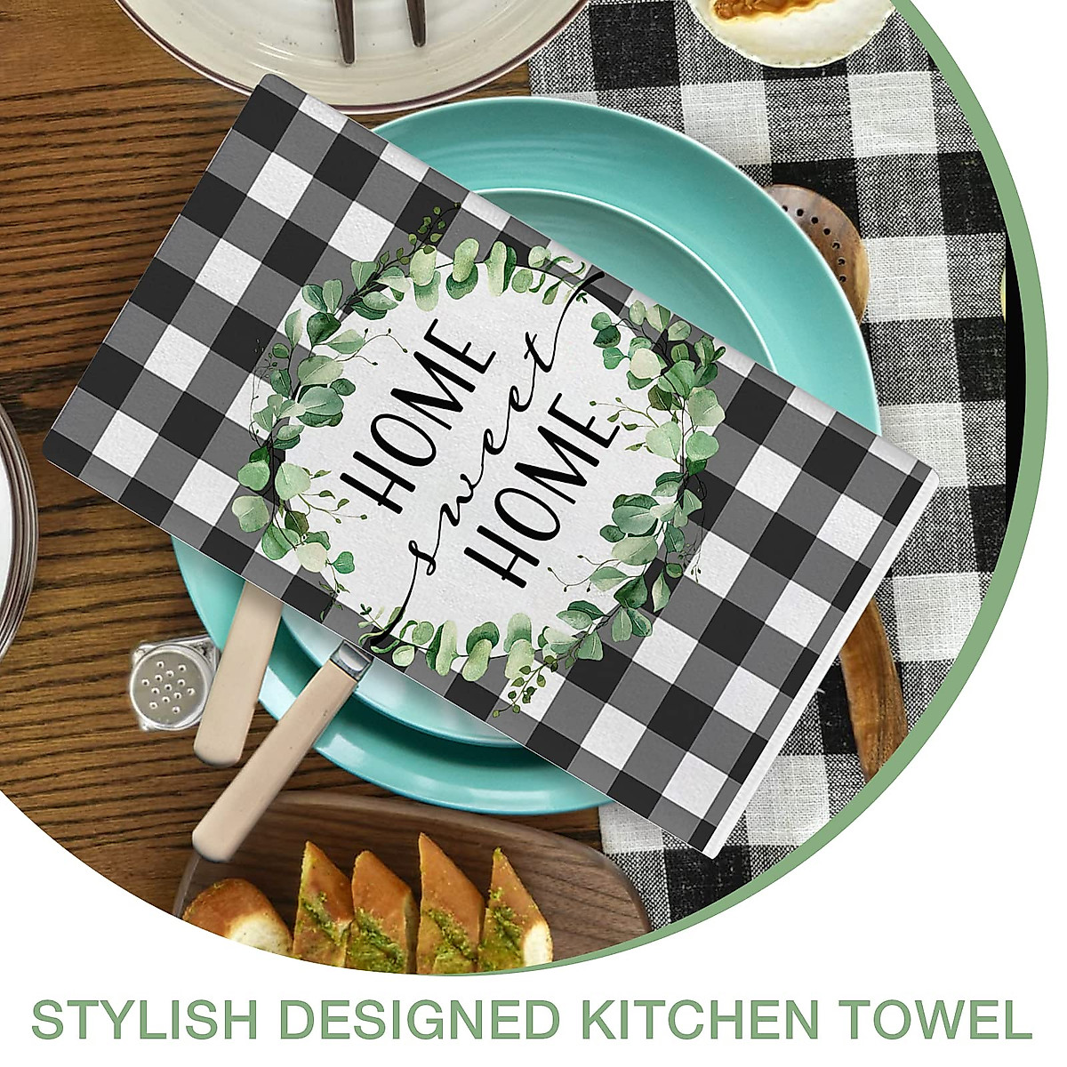 Seliem Summer Eucalyptus Greenery Kitchen Dish Towel Set of 2, Buffalo Plaid Check Absorbent Hand Drying Baking Cooking Cloth, Spring Seasonal Farmhouse Decor Bless Our Sweet Home Decorations 18 x 26