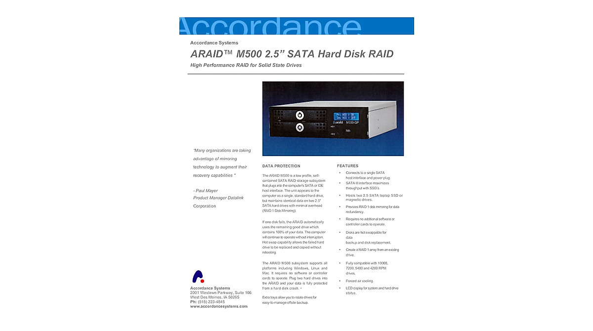 Internal ARAID Model M500 - SATA, ARAID™ M500 2.5” SATA Hard Disk RAID ...