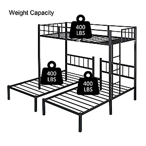 Twin Over Twin & Twin Bunk Bed, Metal Triple Bunk Bed Frame with Guardrails for Kids, Teens, Adults Space Saving, Can Be Divided Into 3 Separate Bed (Black-Metal-1)