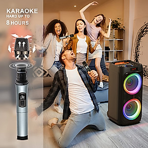 JYX Karaoke Machine with 2 Wireless Microphones for Adults, 8" Big Bluetooth Party Speaker with 500W Peak Power, PA System with LED Disco Light, Rolling Wheels and Trolley, Perfect for Outdoor Home