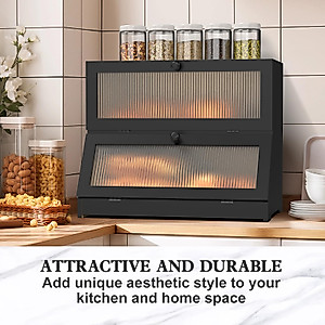 LOHASOK Double Layer Bamboo Bread Box for Kitchen Counter-Large Capacity Bread Storage Container Farmhouse Bread Box with Window Bread Holder (Black)