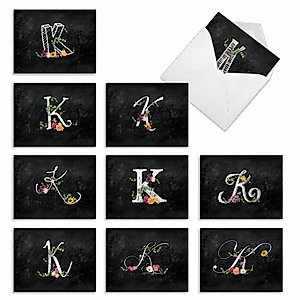 The Best Card Company - 10 Initial Letter K Assorted Blank Notecards, Floral Monogramed Personal Stationery w/Envelopes Bulk Box Set 4 x 5.12 Inch Thank You Notes - K Chalk and Roses M3795OCB-B1x10