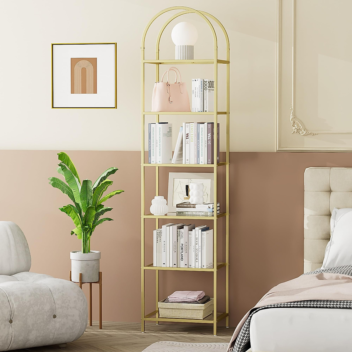 Homhedy 6-Tier Bookshelf Arched Display Racks, Metal Bookcase, Tempered Glass Shelves, Slim Storage Rack Shelf for Home Office, Living Room, Bedroom, Bathroom, Modern Style, Golden