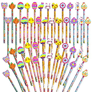 SAIWEILAI ONLINE 50 Pieces Easter Pencils Wood Pencils Happy Easter Day Elements With Giant Rabbit Chick Eraser Assortment Easter Stationery Pencil for Easter Party Favors (50)