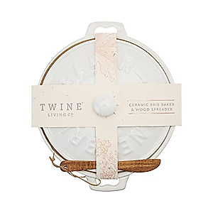 Twine, Brie Baker with Lid, Acacia Wood Spreader, White Ceramic, Set of 1