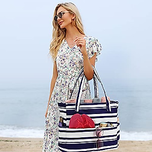 LEDAOU Beach Bag Sandproof Women Tote Bag Pool Bag with Zipper for Gym Grocery Travel with Wet Pocket (Blue White Stripes)
