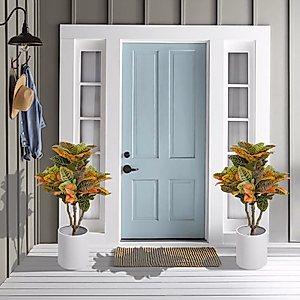 2PCS Artificial Croton Plant, Faux Fiddle Leaf fig Tree,Artificial Trees for Home Decor,Floor Plant,Front Porch Plants with Plastic Pot, Faux Ficus Lyrata Tree,35inch