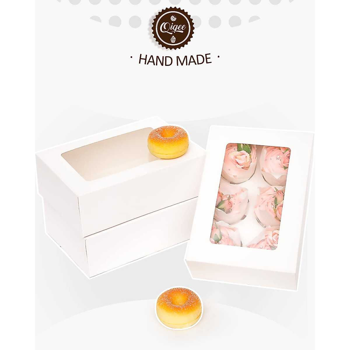 qiqee White Cupcake Cupcake Box with Window 50 Packs Cupcake Box 9"x6.1"x3.3" Bakery Boxes For Cupcakes