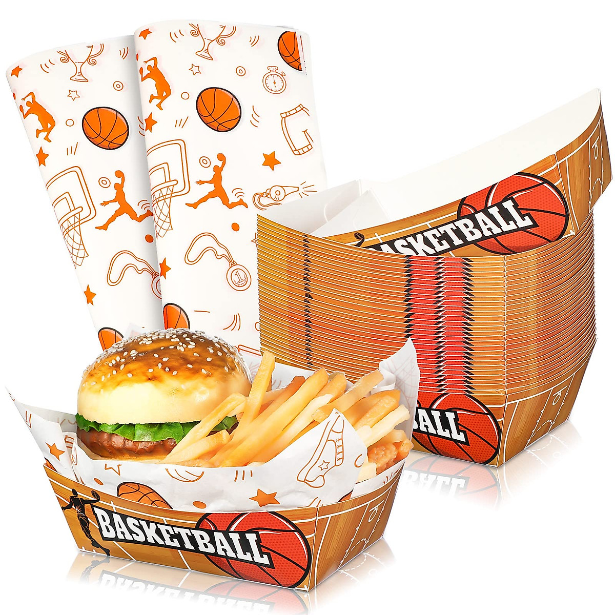 90 PCS Basketball Party Supplies 1.1lb 30 Basketball Paper Food Serving Tray Paper Food Holder Tray Disposable Paper Boat Paper Food Tray with 60 Deli Wrap Wax Paper Sheets for Basketball Party Favor
