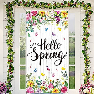 Hello Spring Welcome Door Cover for Spring Floral Party Decorations Colorful Spring Butterfly Backdrop Large Front Door Banner Background for Easter Home Baby Shower Wall Porch Indoor Outdoor Supplies