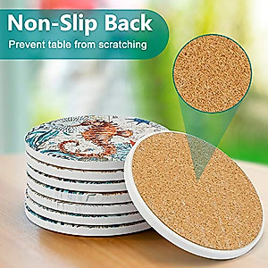 8 Pieces Stone Coasters with Holder for Drinks, Cork Base Ocean Beach Theme Tropical, for Housewarming, Apartment Kitchen Room Bar Decor, Funny Birthday, Wooden Table