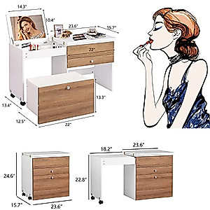 SAMERY Makeup Vanity Desk with Mirror and Drawers, Flip Top Vanity Table Set with Storage Cushioned Stool, 4 in 1 Wood Dressing Table for Women Girls for Bedroom, Short, White