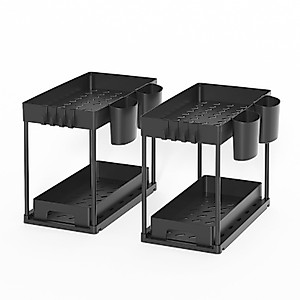 2 Pack Under Sink Organizers and Storage With Sliding Storage Drawers Basket,2 Tier Bathroom Organizer Under Sink,Kitchen Cabinet Organizers And Storage Rack With Hooks,The Bottom Can Be Pull Out