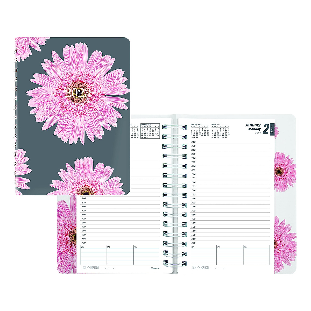 Brownline 2023 Pink Essential Daily/Monthly Planner, Appointment Book, 12 Months, January to December, Twin-Wire Binding, 8" x 5", Pink Daisy (CB634G.05-23)